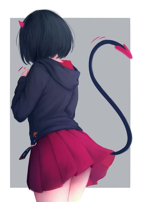1193292 Speech Bubble Black Thigh Highs Tail Horns Dark Hair 2d Mx Shimmer Skirt