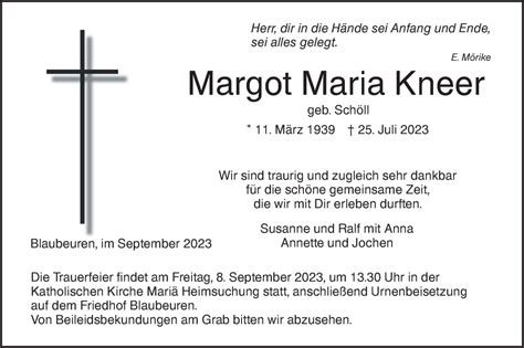 Traueranzeigen von Margot Maria Kneer Südwest Presse Trauer