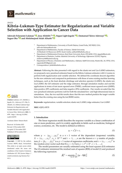 pdf kibria lukman type estimator for regularization and variable selection with application to