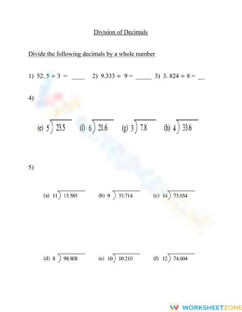 Dividing Decimals By Whole Numbers Worksheet