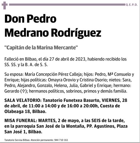 Pedro Medrano Rodríguez Esquela Necrológica El Correo