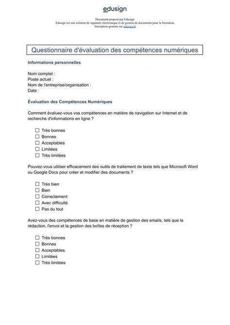 Modèle de questionnaire Evaluation de formation e learning Edusign