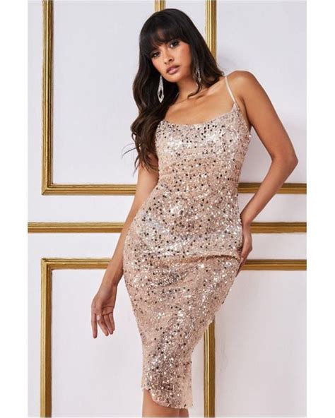 Goddiva Naked Sheer Sequin Bodycon Midi Dress Lyst