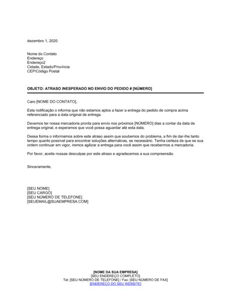 Aviso de Atraso Inesperado na Entrega Documentos e formulários
