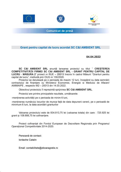 Comunicat de presă SC C I AMBIENT SRL Ziarul National
