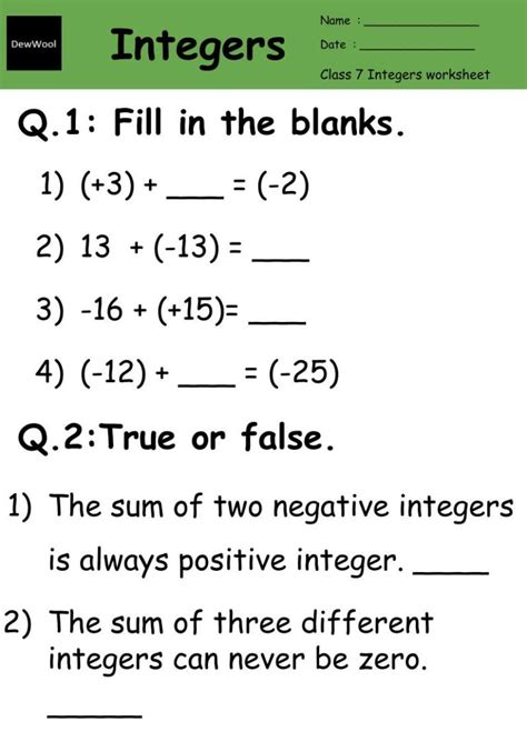 integers worksheet class 7 dewwool