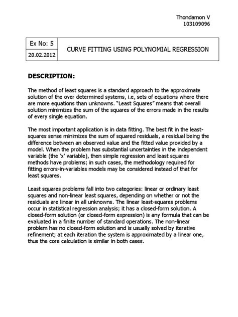 ex no 5 curve fitting using polynomial regression description pdf least squares errors