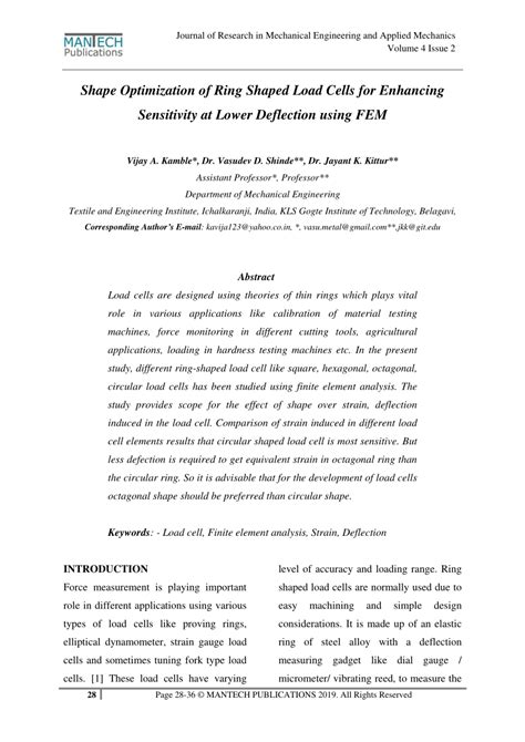 pdf shape optimization of ring shaped load cells for enhancing sensitivity at lower deflection