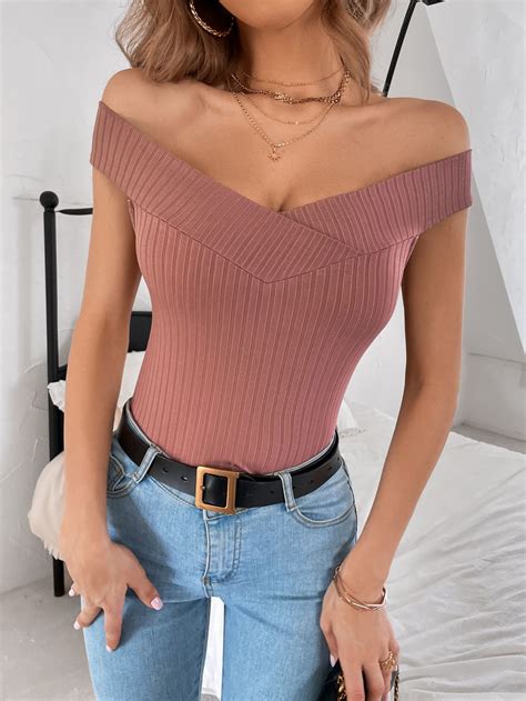 Ribbed Knit Off Shoulder Tee Clothes For Women Fashion Inspo Outfits