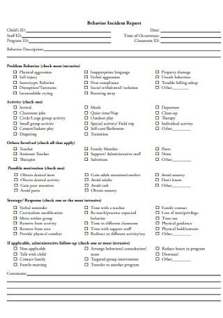 Sample Behavior Incident Reports 28 IN PDF MS Word