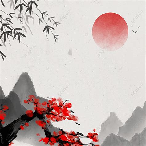 Red Mountains And Rivers Ink Chinese Painting Background The Mountains