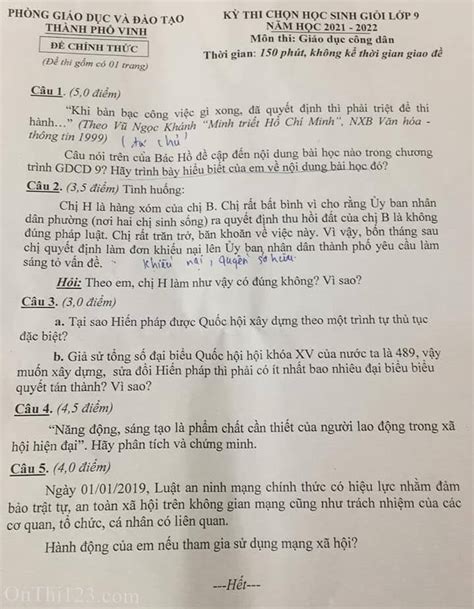 Đề thi HSG Giáo dục công dân 9 thành phố Vinh 2021 2022 Ôn thi 123