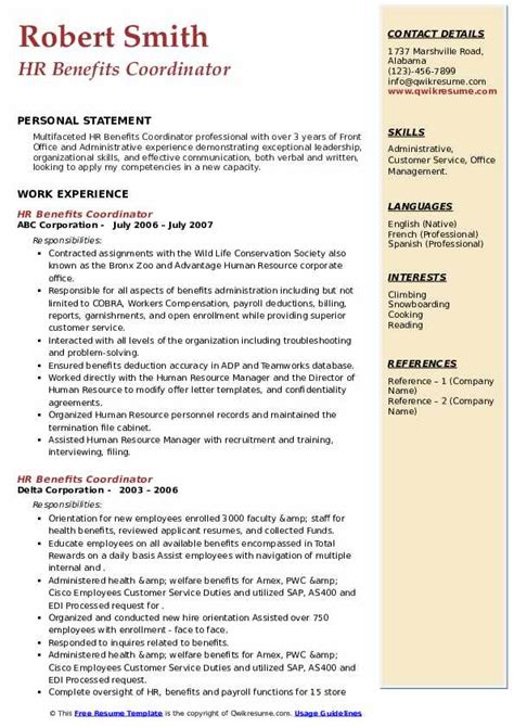 HR Benefits Coordinator Resume Samples QwikResume