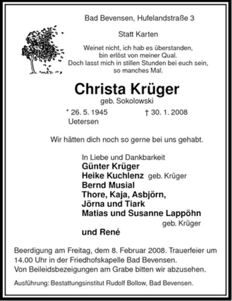 Traueranzeigen Von Christa Kr Ger Az Trauer De