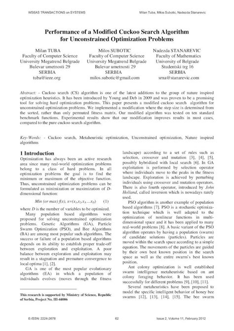 pdf performance of a modified cuckoo search algorithm for unconstrained optimization problems