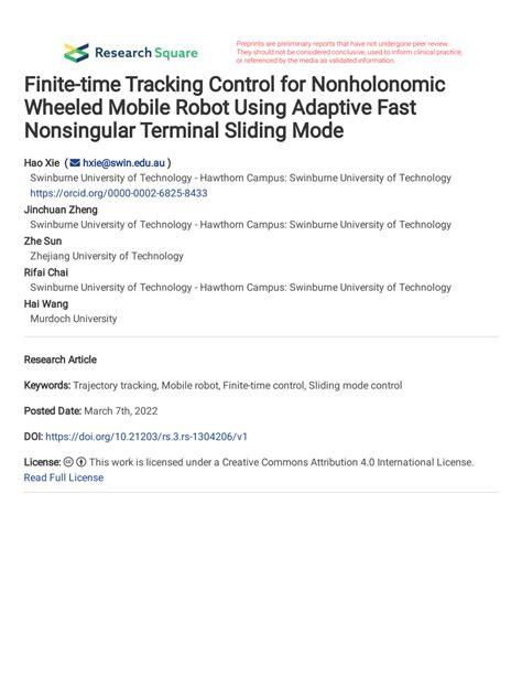 pdf finite time tracking control for nonholonomic wheeled mobile robot using adaptive fast