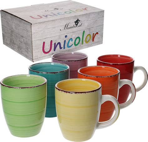 6 tlg Kaffeebecher Set Uni bunt Tee Tasse groß Kaffee Pott Trink