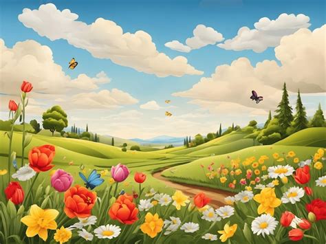 Ilustración vectorial de un hermoso paisaje con una pradera Escena de