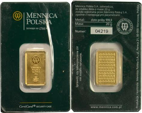 Nieakredytowany Mennica Polska Sztabka 20g Złoto Mennicza Ceny i