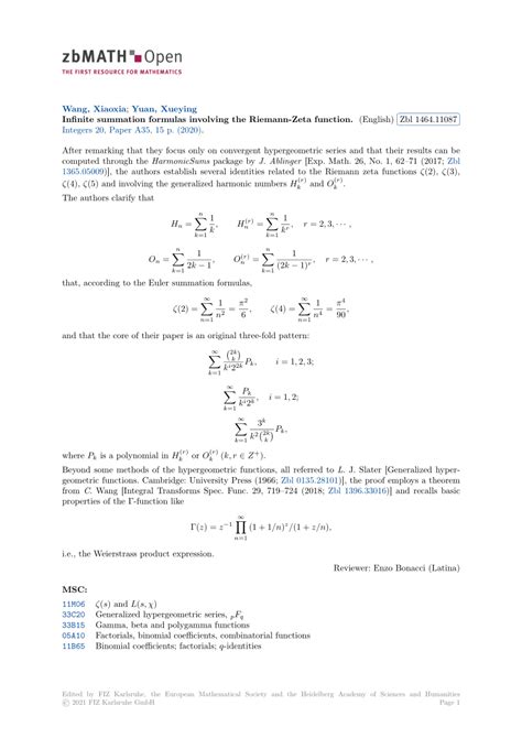 pdf review of the article “infinite summation formulas involving the riemann zeta function” by