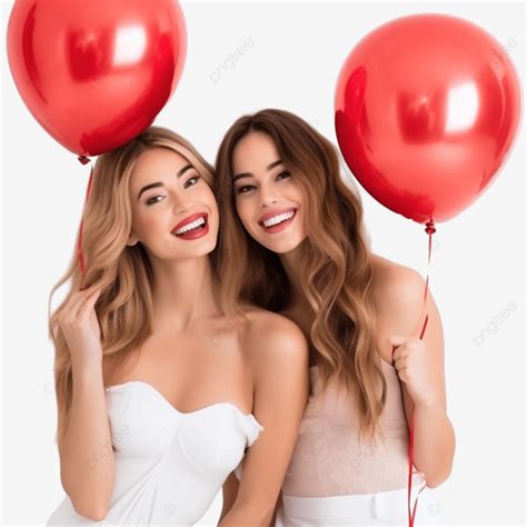 الفتيات الجميلات في عيد الحب مع بالونات الهواء على شكل قلب أحمر يستمتعن