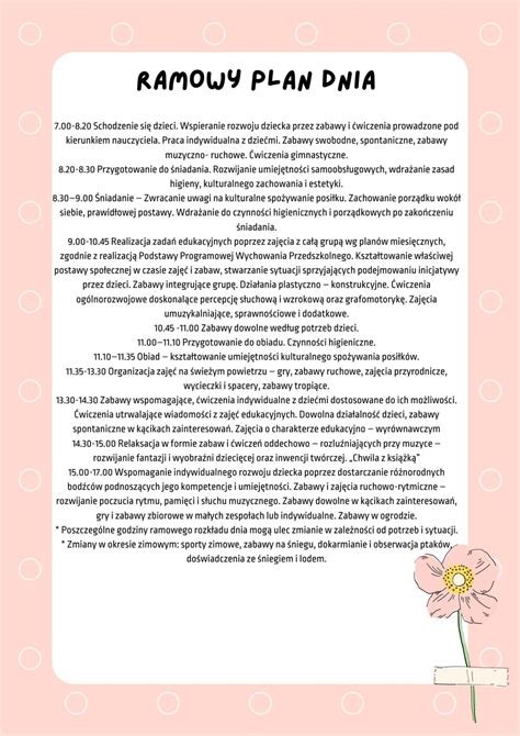 Ramowy plan dnia Szkoła Podstawowa im Marszałka Józefa Piłsudskiego