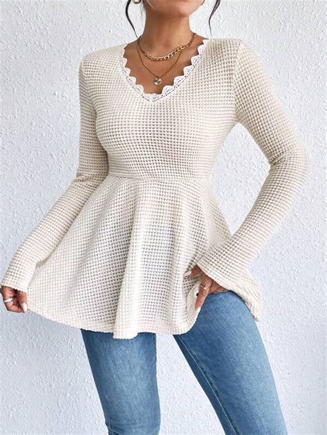 SHEIN Frenchy Guipure Lace Trim Peplum Hem Waffle Knit Tee SHEIN USA