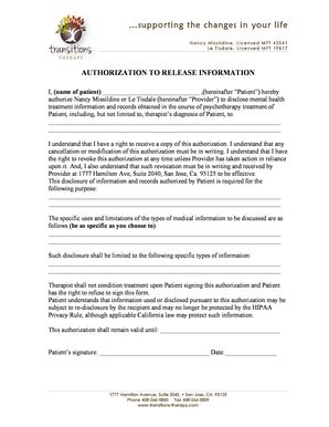 Fillable Online Authorization To Release Information Transitions
