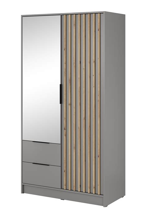 Szafa dwudrzwiowa Nel 105 cm szara lamele dąb artisan z lustrem szufladami