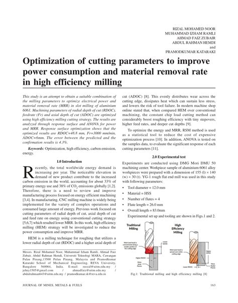 pdf optimization of cutting parameters to improve power consumption and material removal rate