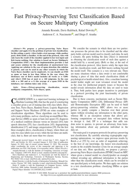 2022tifs fast privacy preserving text classification based on secure multiparty