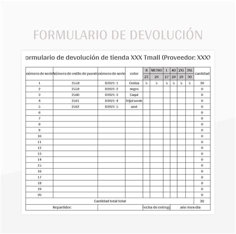 Plantilla de Formato Excel Formulario De Devolución y Hoja de Cálculo