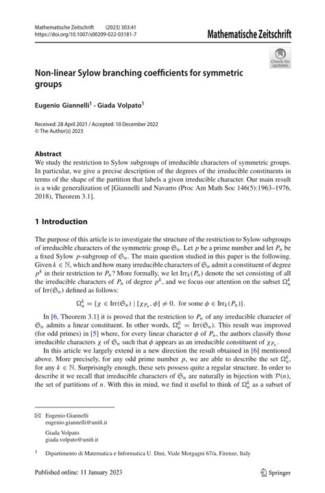 pdf non linear sylow branching coefficients for symmetric groups