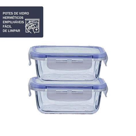 Kit 2 Potes Herméticos Quadrados Marmita de Vidro 380 Ml MadeiraMadeira