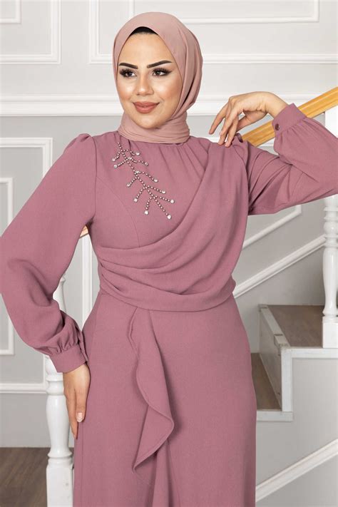 Kayla Fırfırlı Tesettür Elbise Gülkurusu Modasena