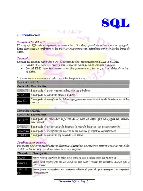 comandos sql pdf sql tabla base de datos