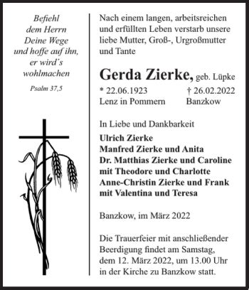 Traueranzeigen Von Gerda Zierke Trauer Nordkurier