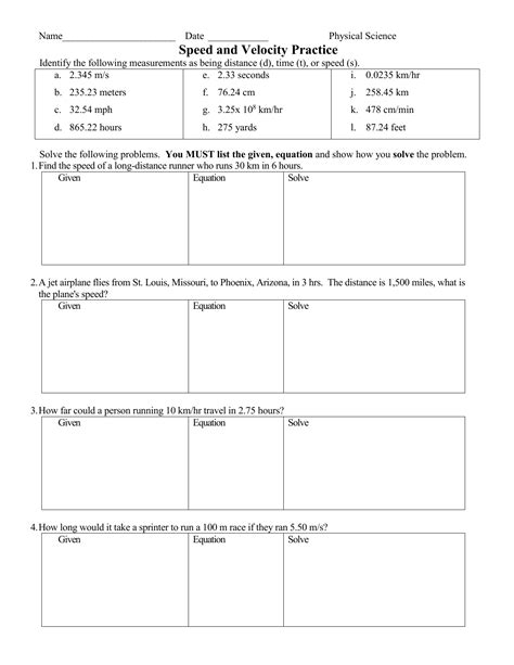 determining speed velocity worksheet