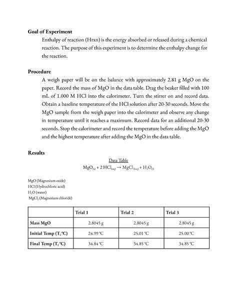 Lab Report 7 Goal Of Experiment Enthalpy Of Reaction Hrxn Is The