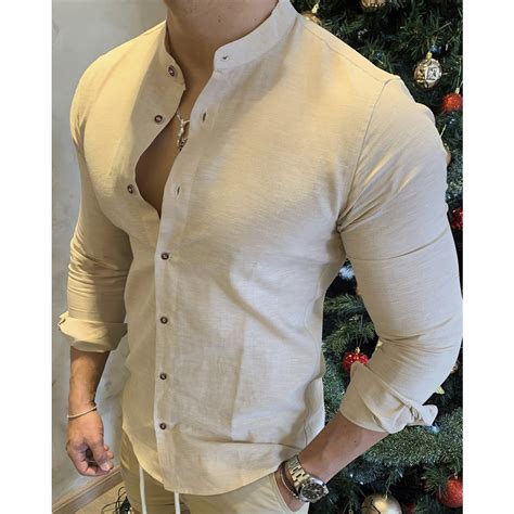 Camisa Masculina Slim Manga Curta Social Gola Padre Premium Luxo Linho