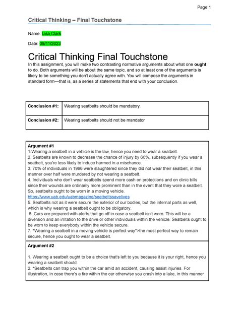 Critical Thinking Touchstone Page Name Lisa Clark Date