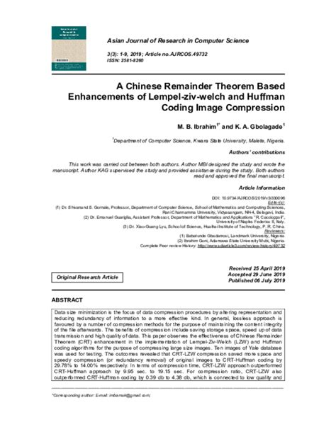 pdf a chinese remainder theorem based enhancements of lempel ziv welch and huffman coding