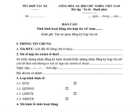 Mẫu báo cáo tình hình hoạt động của hợp tác xã mới nhất Thời hạn gửi