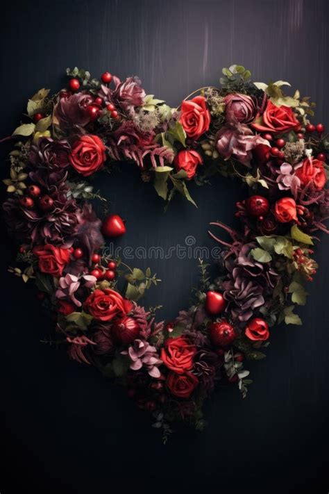 A Heart Shaped Wreath Made Of Flowers And Leaves On A Black Background