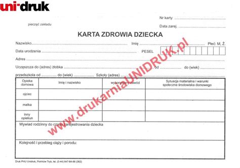 Karta Zdrowia Dziecka druk Pediatria i położnictwo Specjalizacje