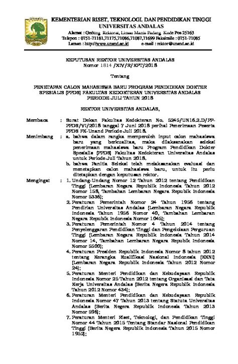 2018 SK Penetapan Calon Mahasiswa Baru PPDS FK Periode 1 07 2018