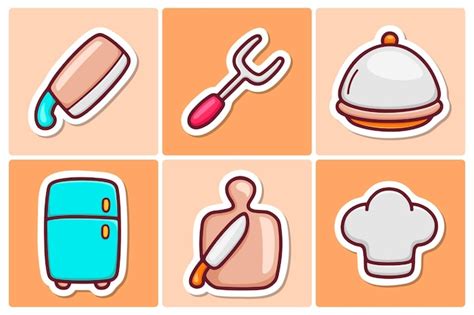 Keuken Sticker Pictogrammen Doodle Kleurplaat Vector Premium Vector