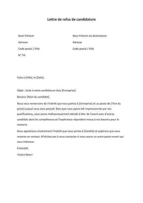 Lettre De Refus De Candidature 100 Gratuit Format Word PDF