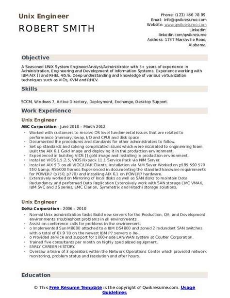 Unix Engineer Resume Samples Qwikresume