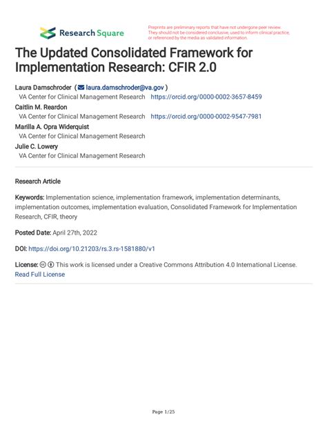 pdf the updated consolidated framework for implementation research cfir 2 0